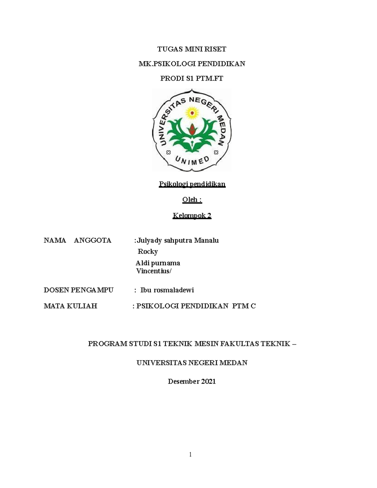 Tugas MINI Riset Kelompok 4 Psikologi Pendidikan C - 1 TUGAS MINI RISET ...