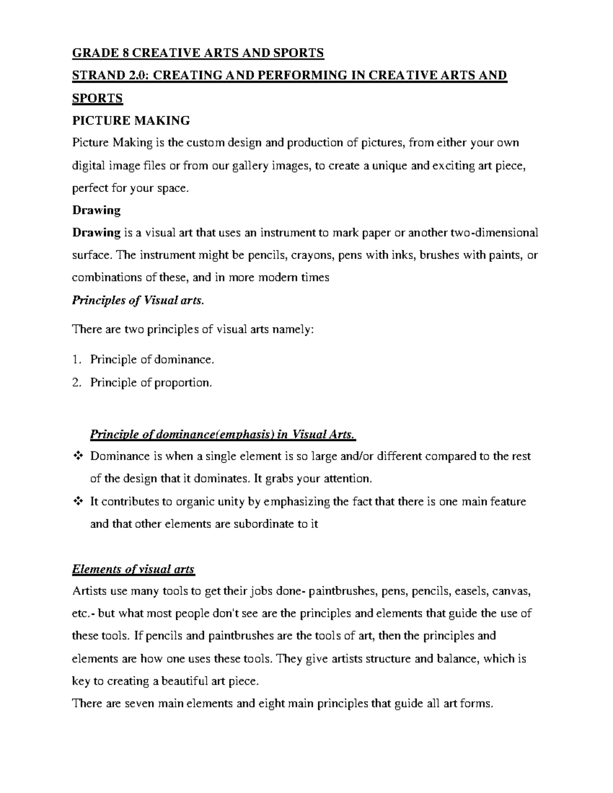Grade 8 Creative ARTS AND Sports Notes Strand 2 Notes Creating AND ...