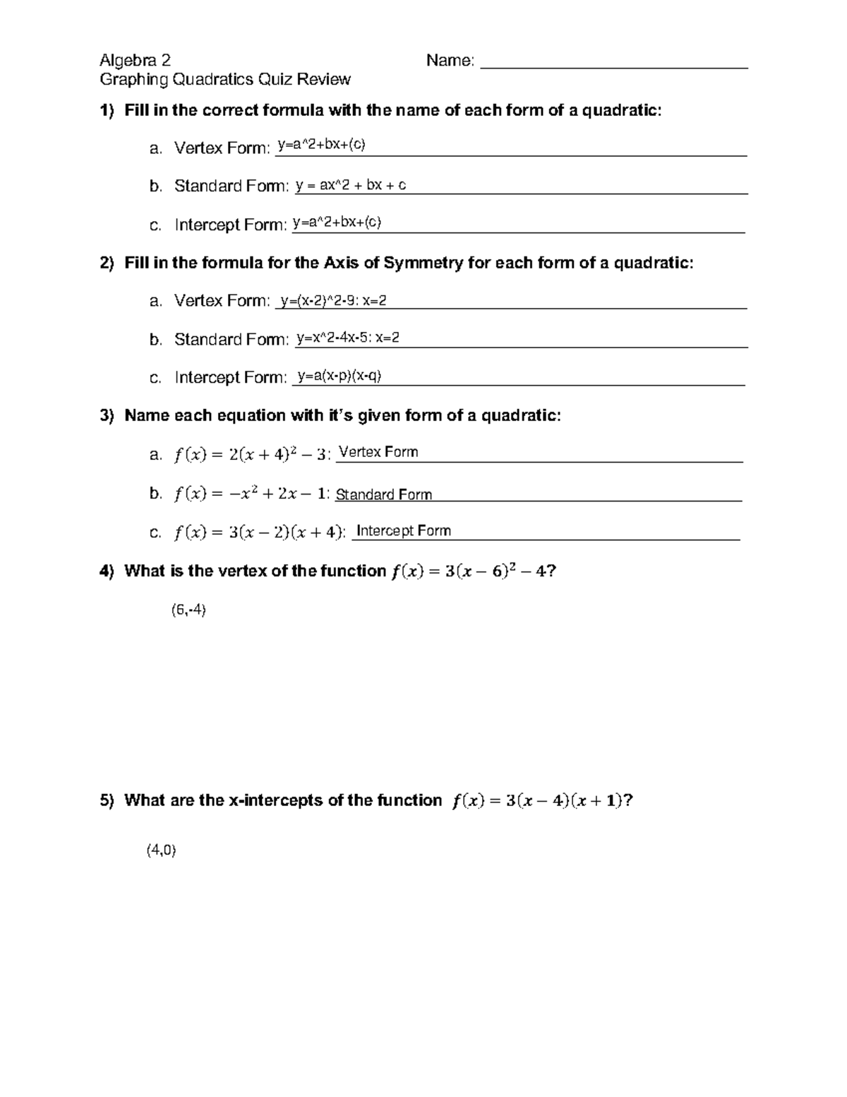 Grpahing Quadratics Quiz Review 21-22 1 - Algebra 2 Name ...
