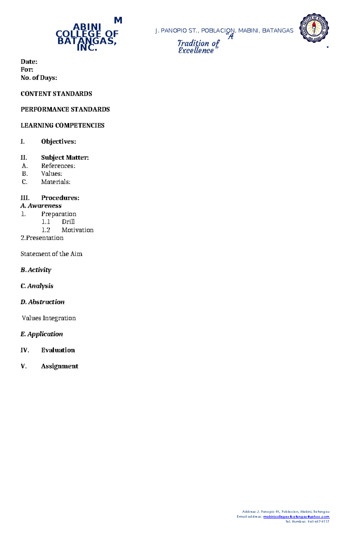 Lesson Plan (5 A's) - “A Tradition of Excellence” J. PANOPIO ST ...