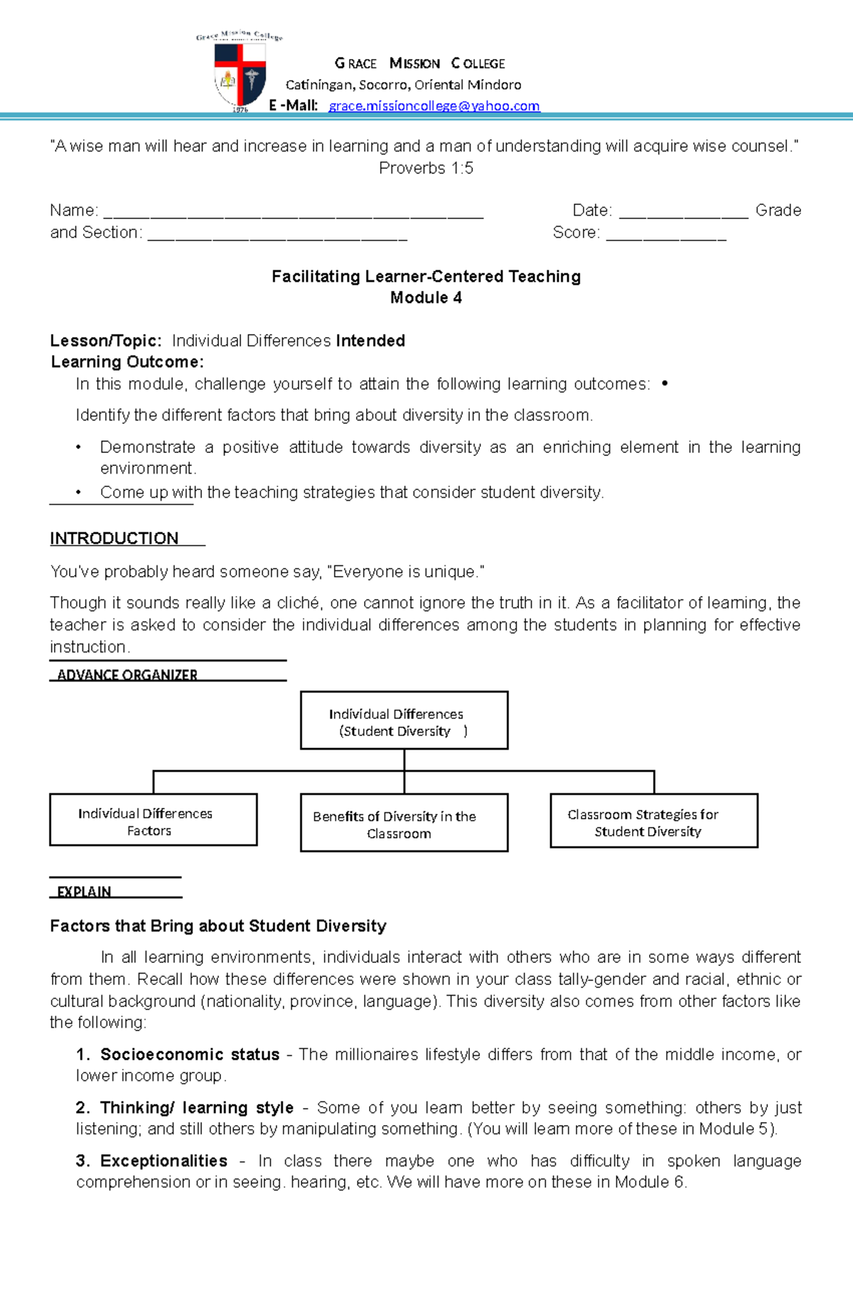 Flct module 4 - “A wise man will hear and increase in learning and a man of understanding will ...