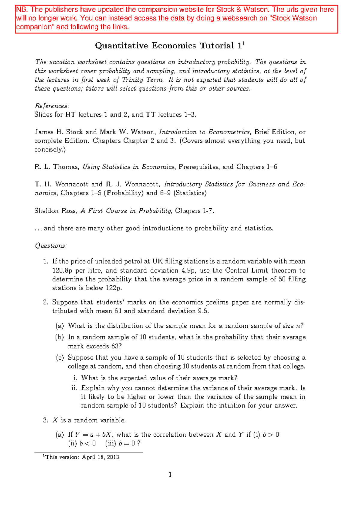 Econometrics Tutorial 1 - Quantitative Economics Tutorial 1 1 The ...