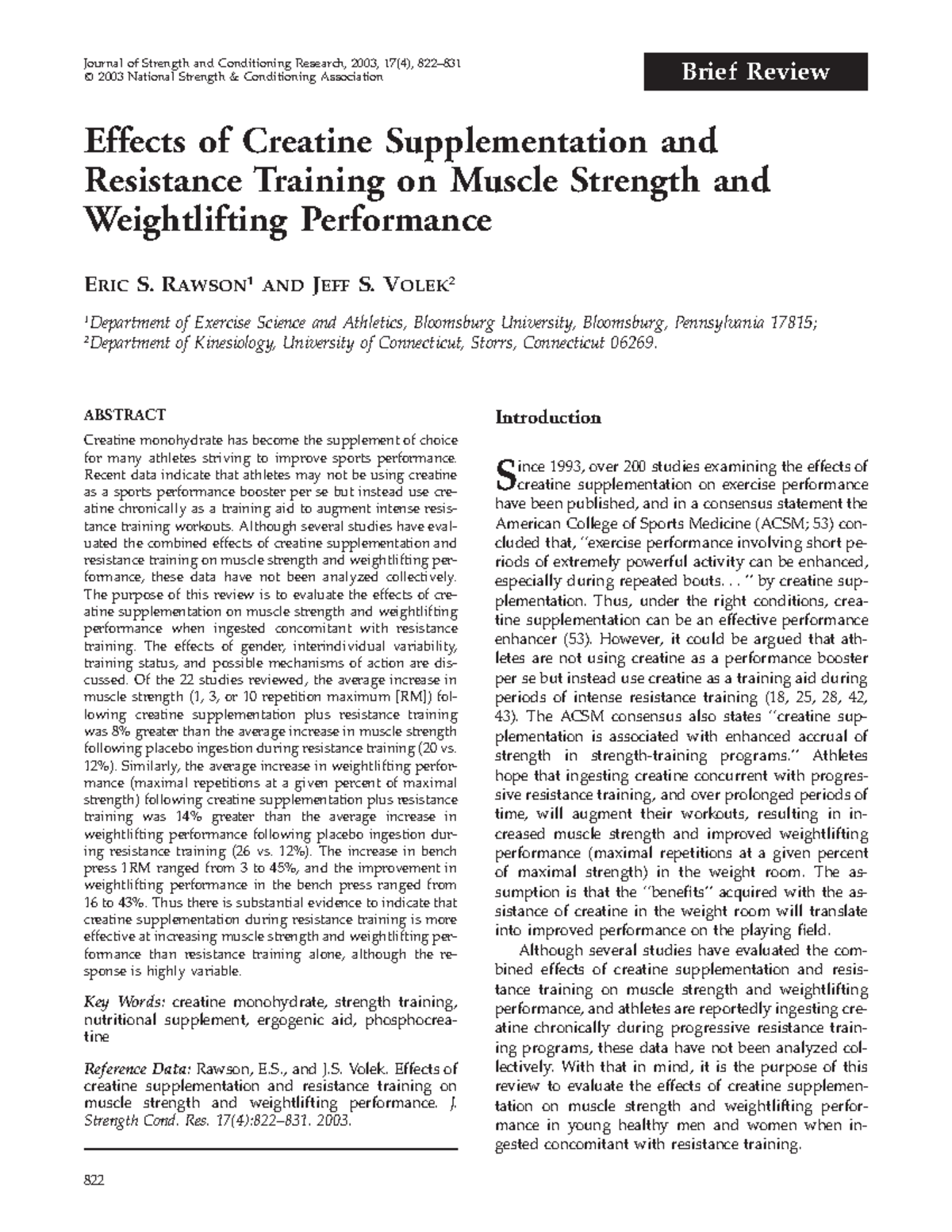 Effects of Creatine Supplementation and - 822 Journal of Strength and ...