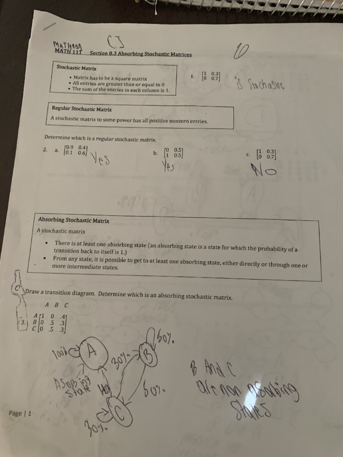 Absorbing Stochastic Matrix - MATH 111 - Studocu