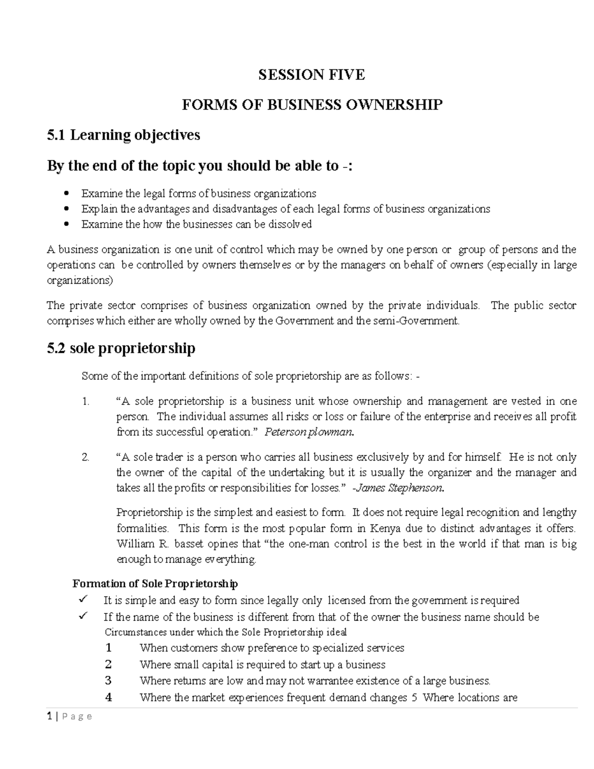Session FIVE Entrepreneurship - SESSION FIVE FORMS OF BUSINESS ...