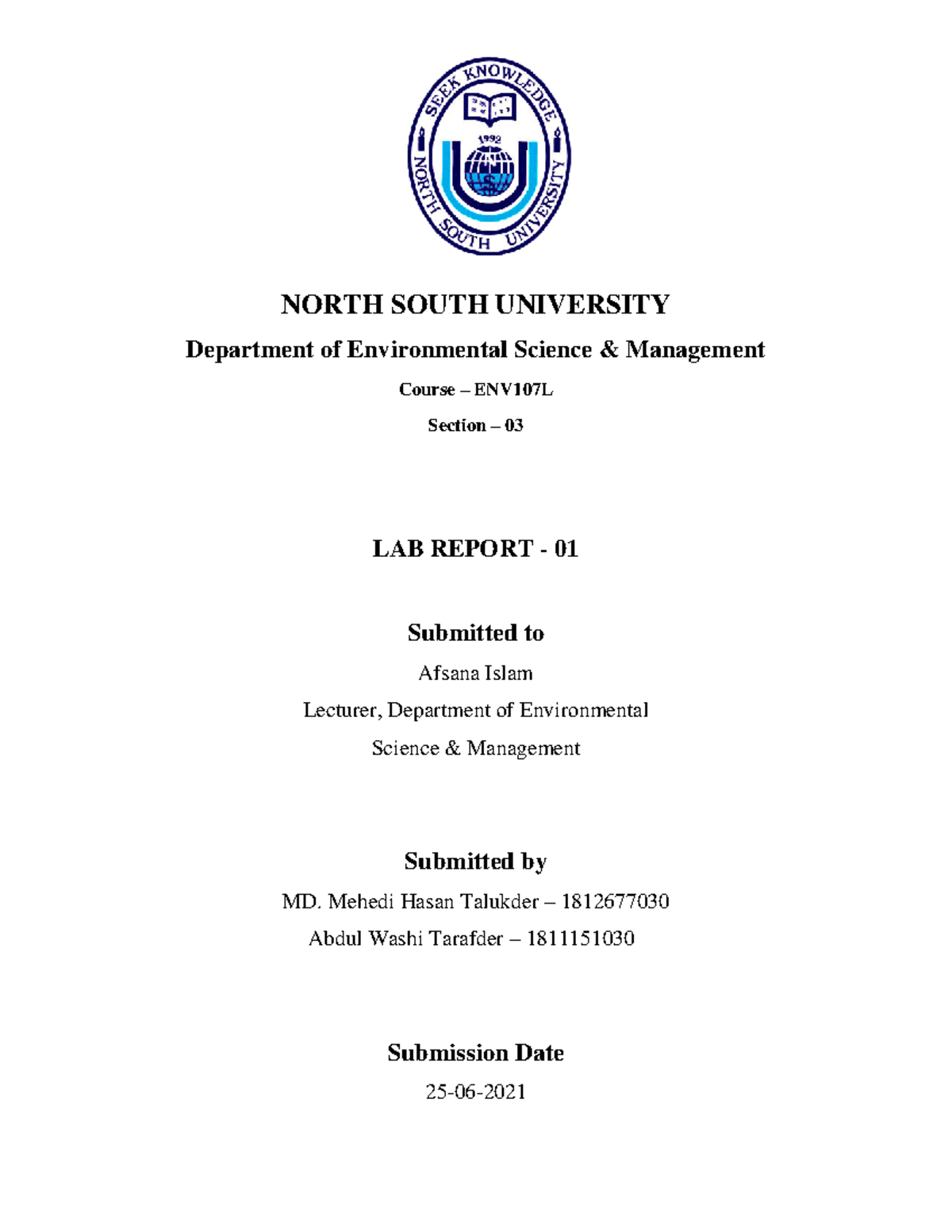 Lab-Report-1 - Environmental Science Lab work-Practical - NORTH SOUTH ...