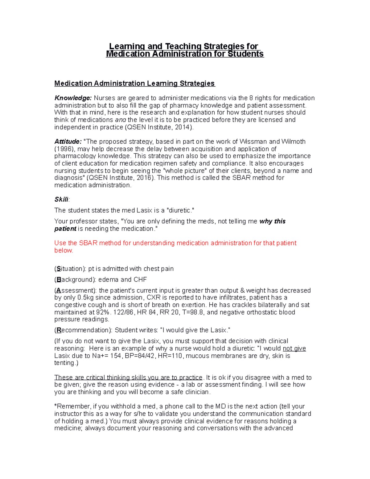 QSEN Medication Administration Form filled out - Learning and Teaching ...