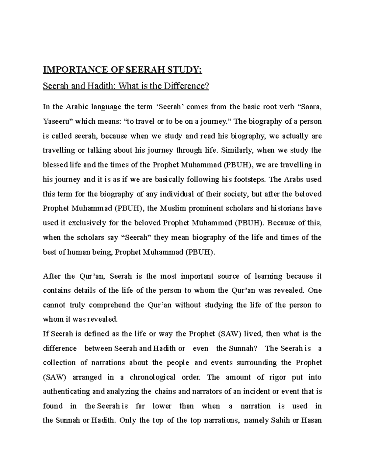 Islamic studies final term notes - IMPORTANCE OF SEERAH STUDY: Seerah ...