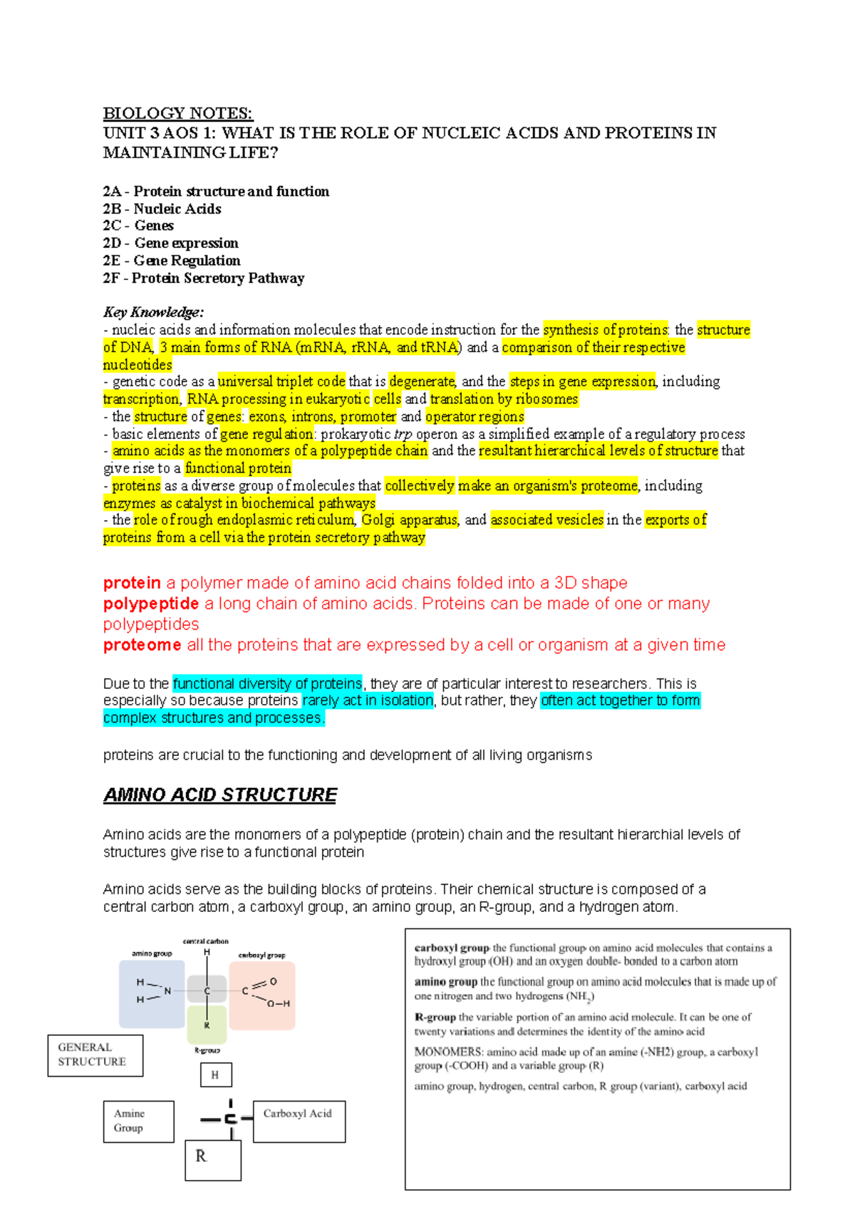 Biology Notes - BIOLOGY NOTES: UNIT 3 AOS 1: WHAT IS THE ROLE OF ...