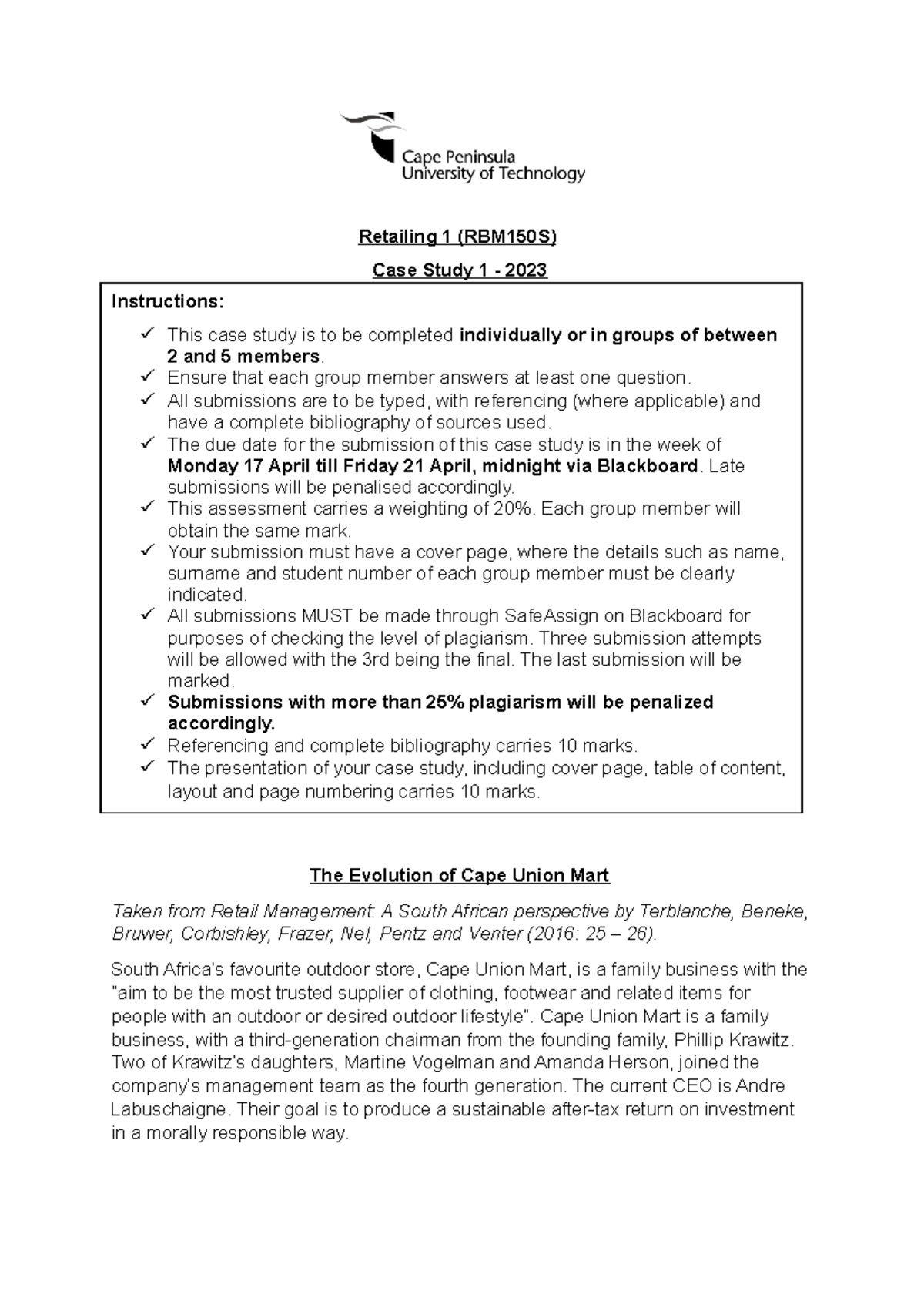 Retailing 1 - Case Study 1 - 2023 - Retailing 1 (RBM150S) Case Study 1 ...