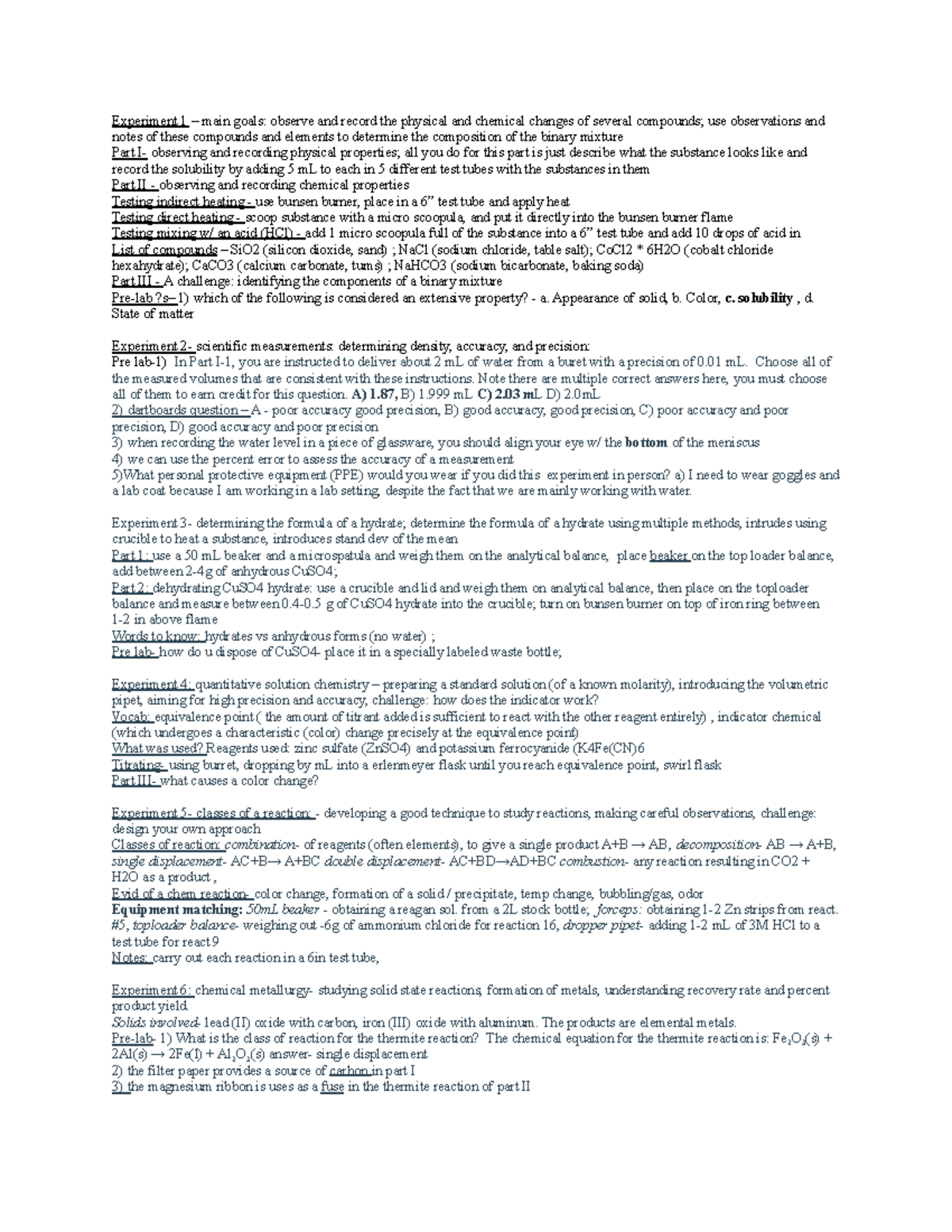 Chem 1 lab exam cheat sheet - Experiment 1 – main goals: observe and ...