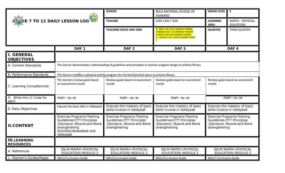 Mapeh-8-P - dll for mapeh 8 - GRADE 7 TO 12 DAILY LESSON LOG SCHOOL ...