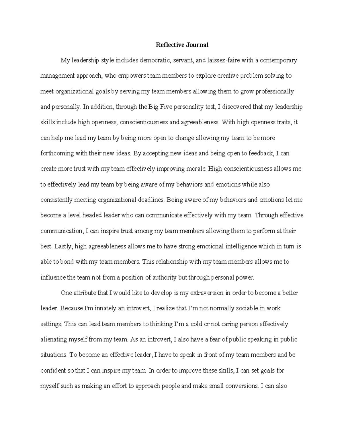 Leading in Business Project 2 - Reflective Journal My leadership style ...