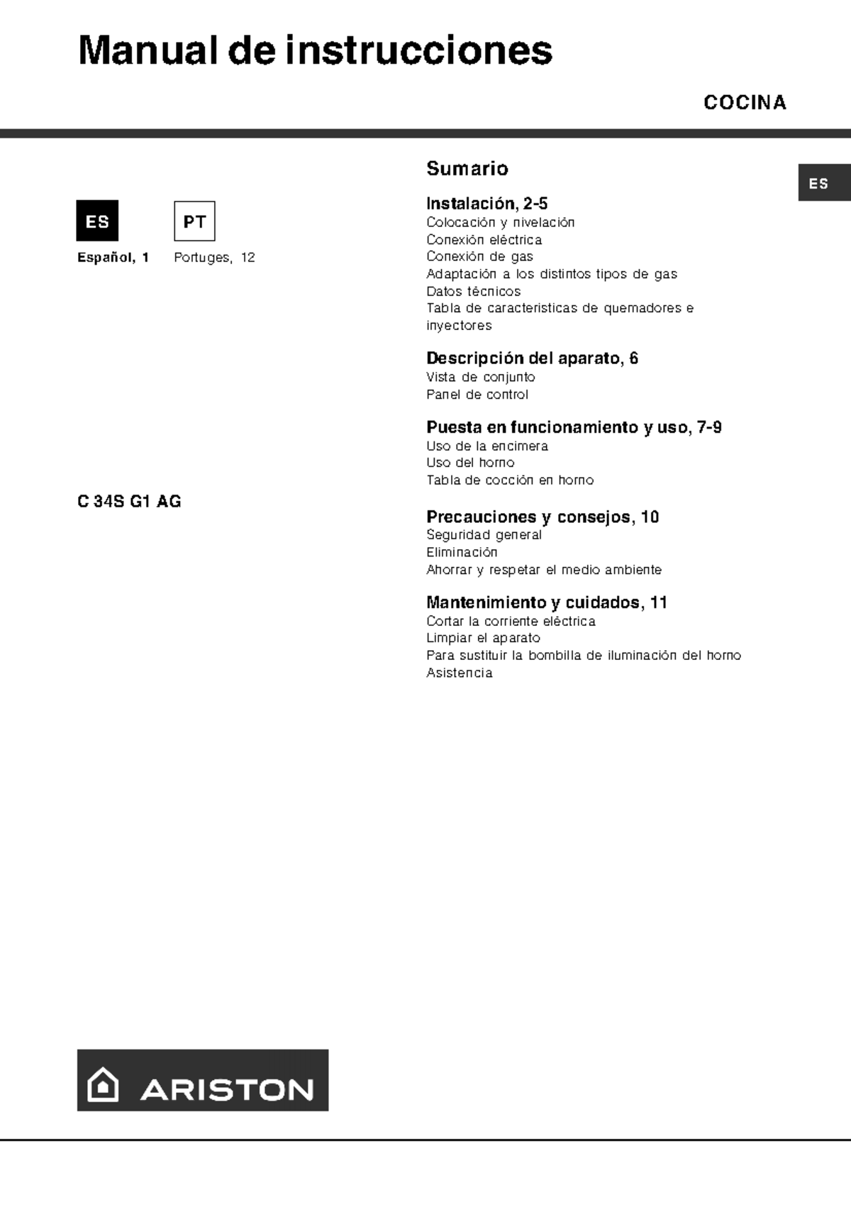 Ariston C 34S G1 (X) AG Range - ES COCINA EspaÒol, 1 Portuges, 12 PT C ...