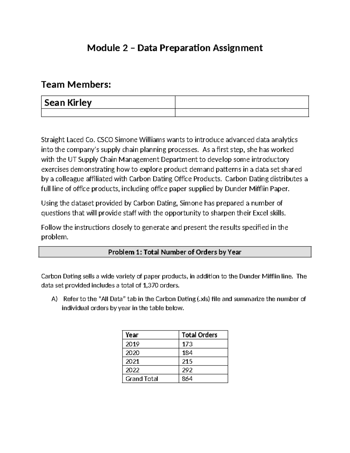 Module 2 - Data Preparation -Sean Kirley - Module 2 – Data Preparation Assignment Team Members ...