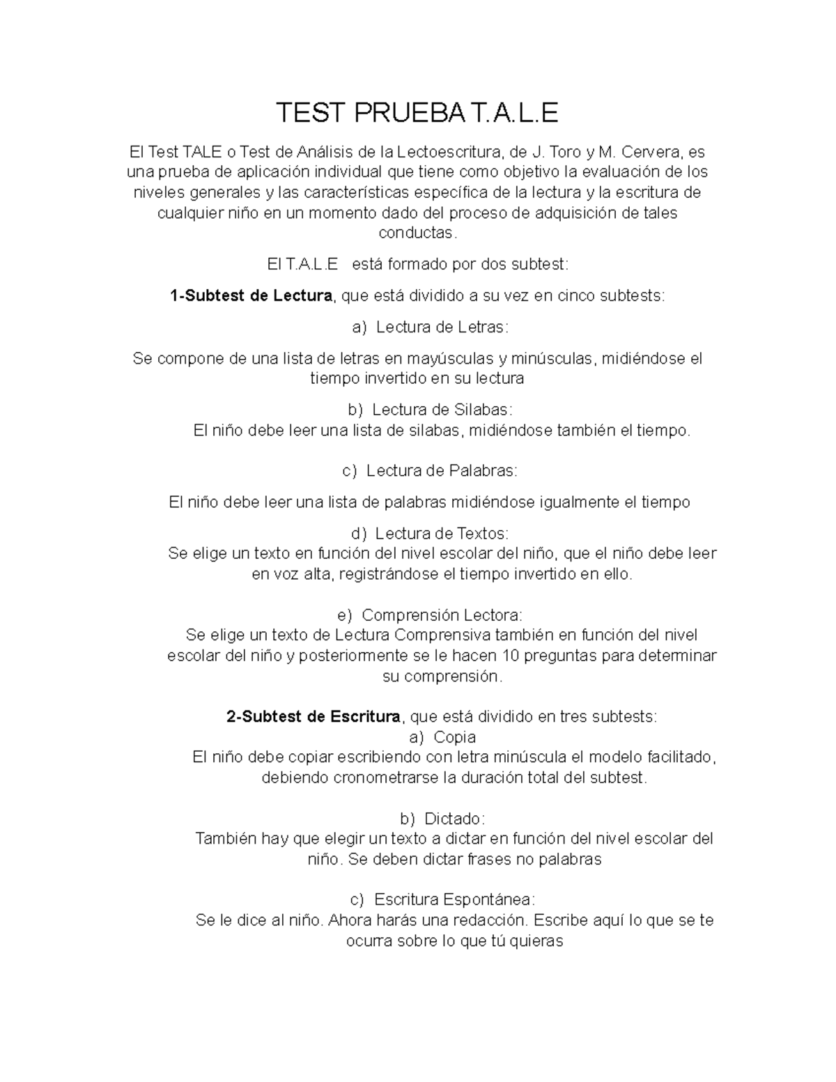 Prueba T.A - ninguna - TEST PRUEBA T.A.L El Test TALE o Test de ...