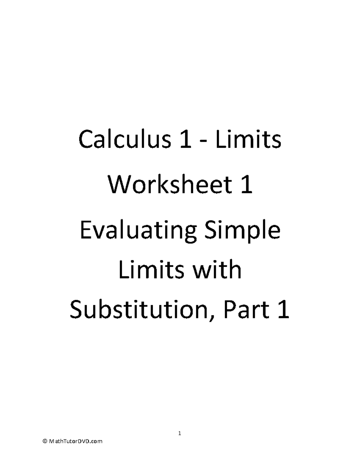 Calculus+1+ +Limits+ +Worksheet+1+ +Evaluating+Simple+Limits+with+Substitution+ +Part+1 - 1 ...