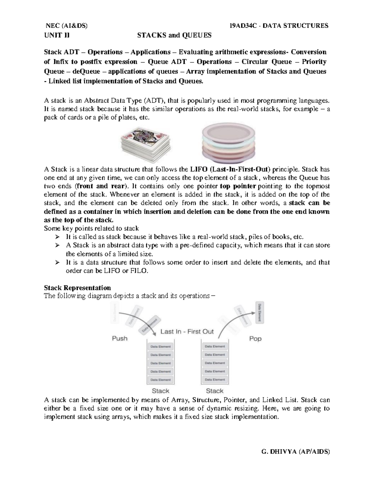 Unit Ii Ds Notes Unit Ii Stacks And Queues Stack Adt Operations