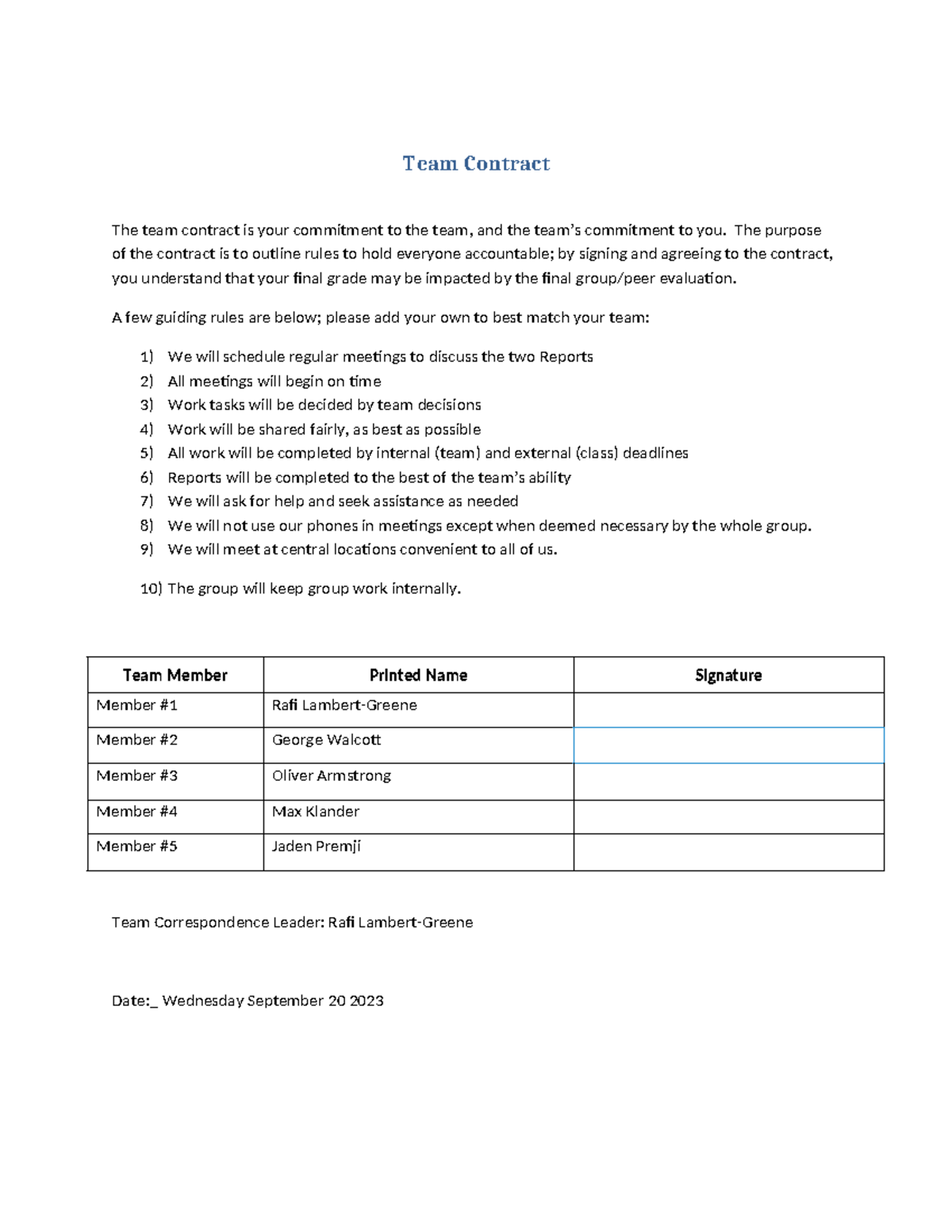 Team Contract Editable Word Document - Team Contract The team contract ...