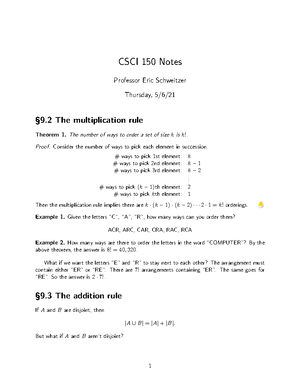 CSCI 150 Notes 4 22 - CSCI 150 Notes Professor Eric Schweitzer Thursday ...