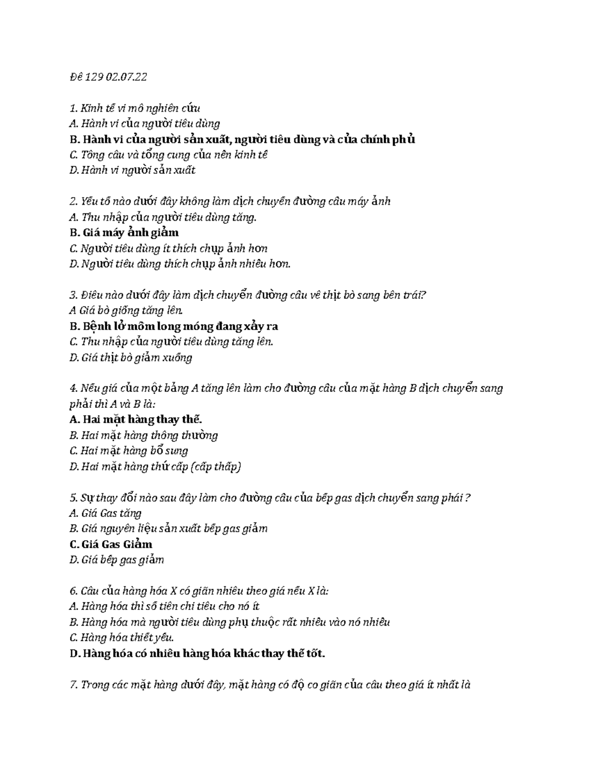 đề 129 text - Đề và đán án - Đềề 129 02. Kinh tềế vi mô nghiền c ứu A. Hành vi c ủa ng ười tiều ...