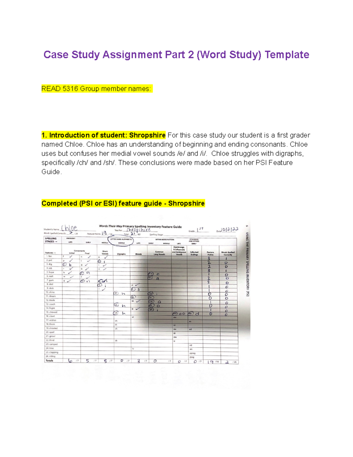 Case Study Assignment Part 2 (Word Study) - Introduction of student ...