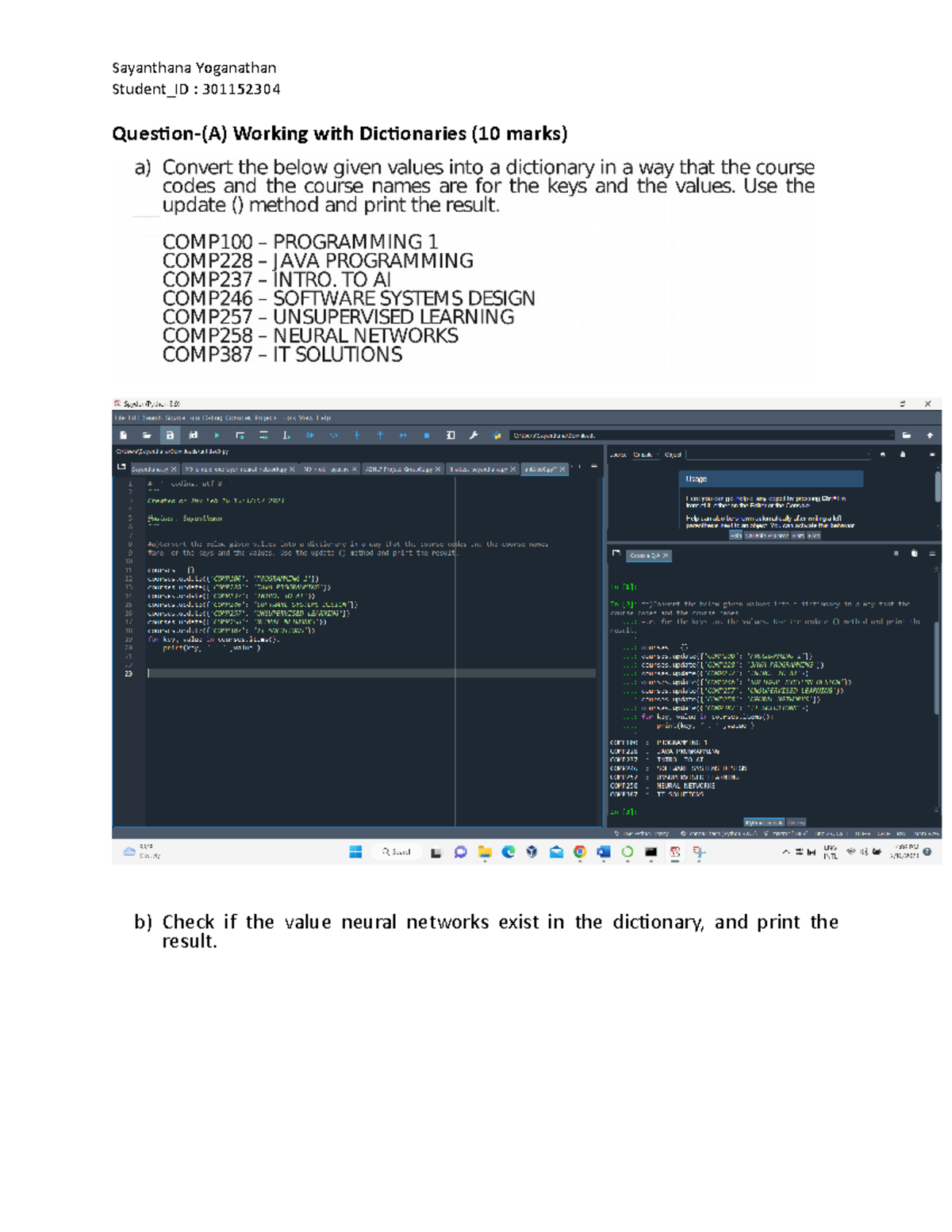 Assignment 01 301152304 - Student_ID : 301152304 Question-(A) Working with Dictionaries (10 ...