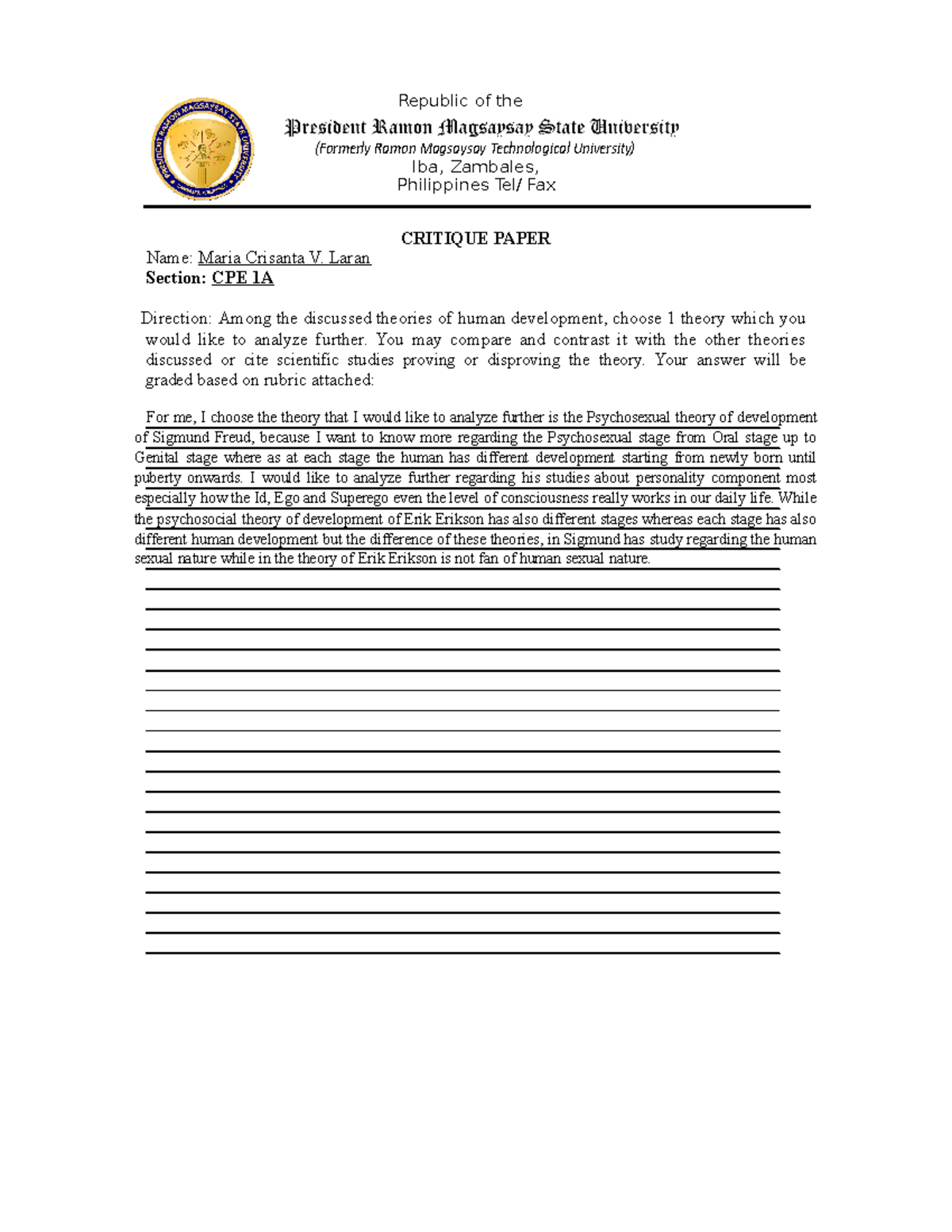 Critique-paper Maria Crisanta Laran CPE 1 A - CRITIQUE PAPER Name ...