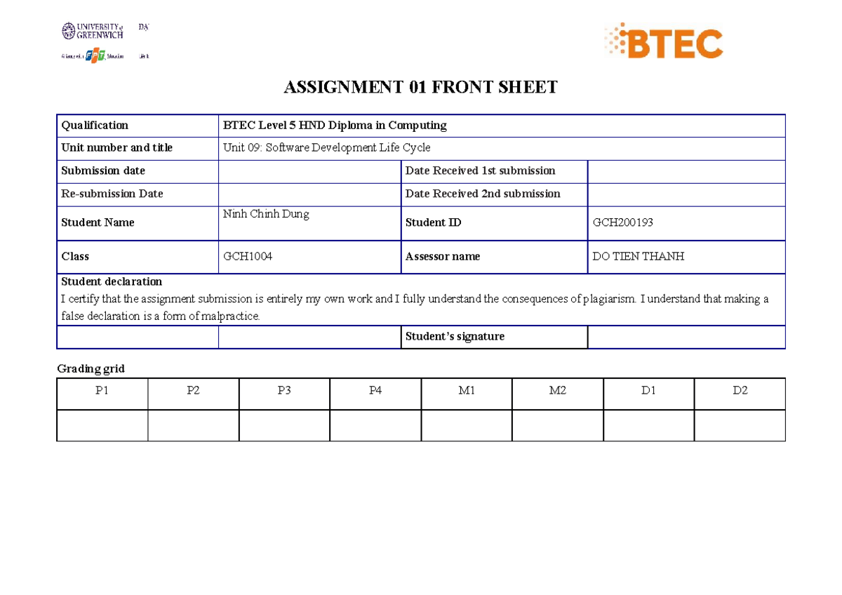 1 Unit 09. Assignment 01 Frontsheet - ASSIGNMENT 01 FRONT SHEET Qualification BTEC Level 5 HND ...