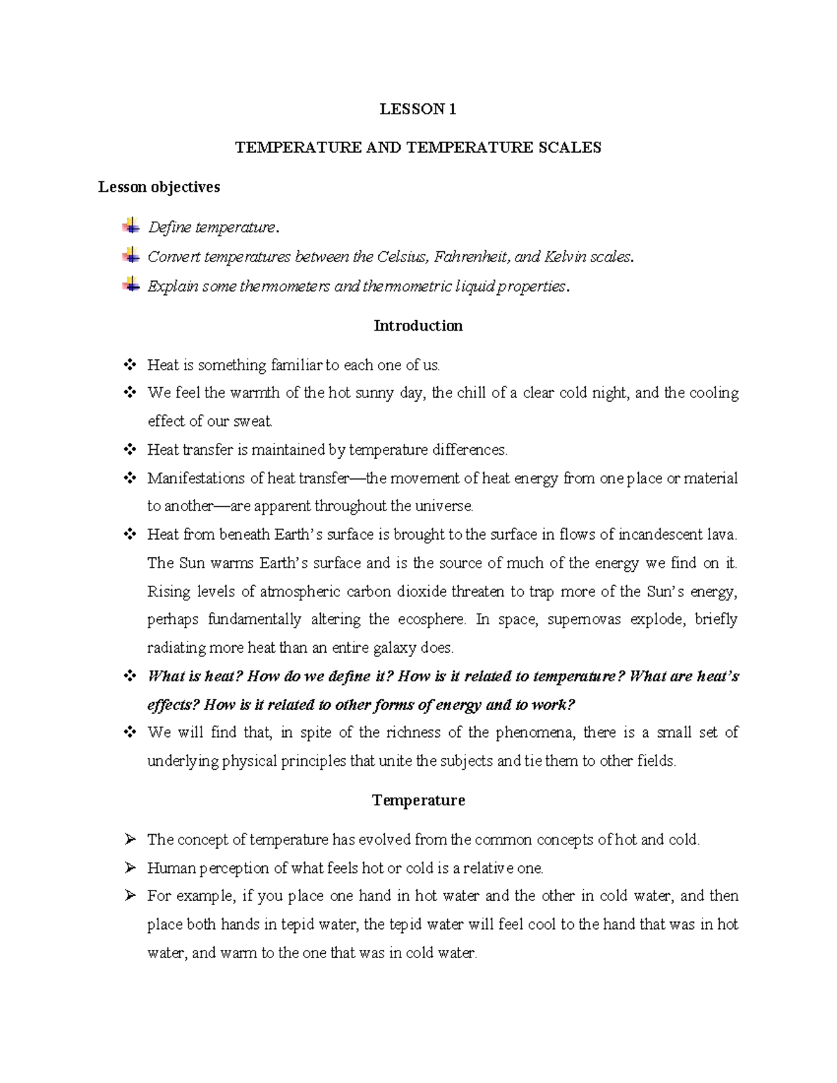 Lesson 1 - Ygccxxxdfgh - LESSON 1 TEMPERATURE AND TEMPERATURE SCALES Lesson objectives Define ...