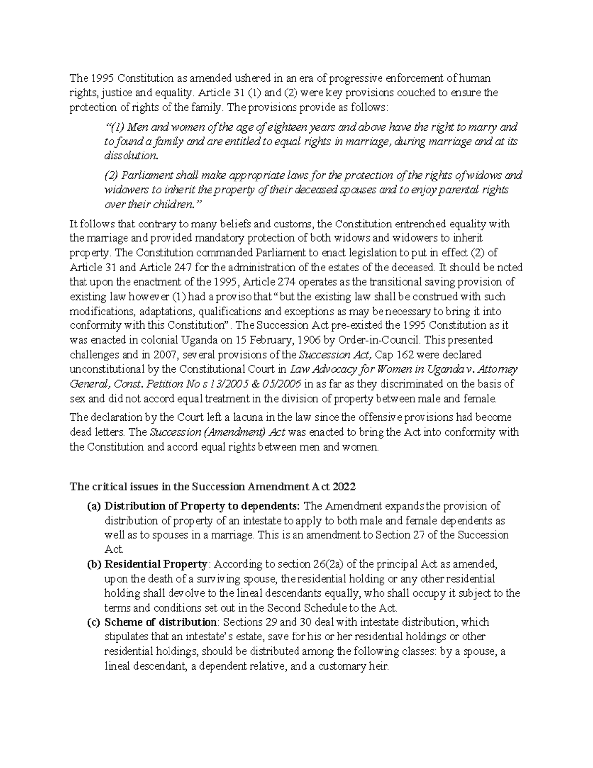 Family law Course Work - The 1995 Constitution as amended ushered in an ...