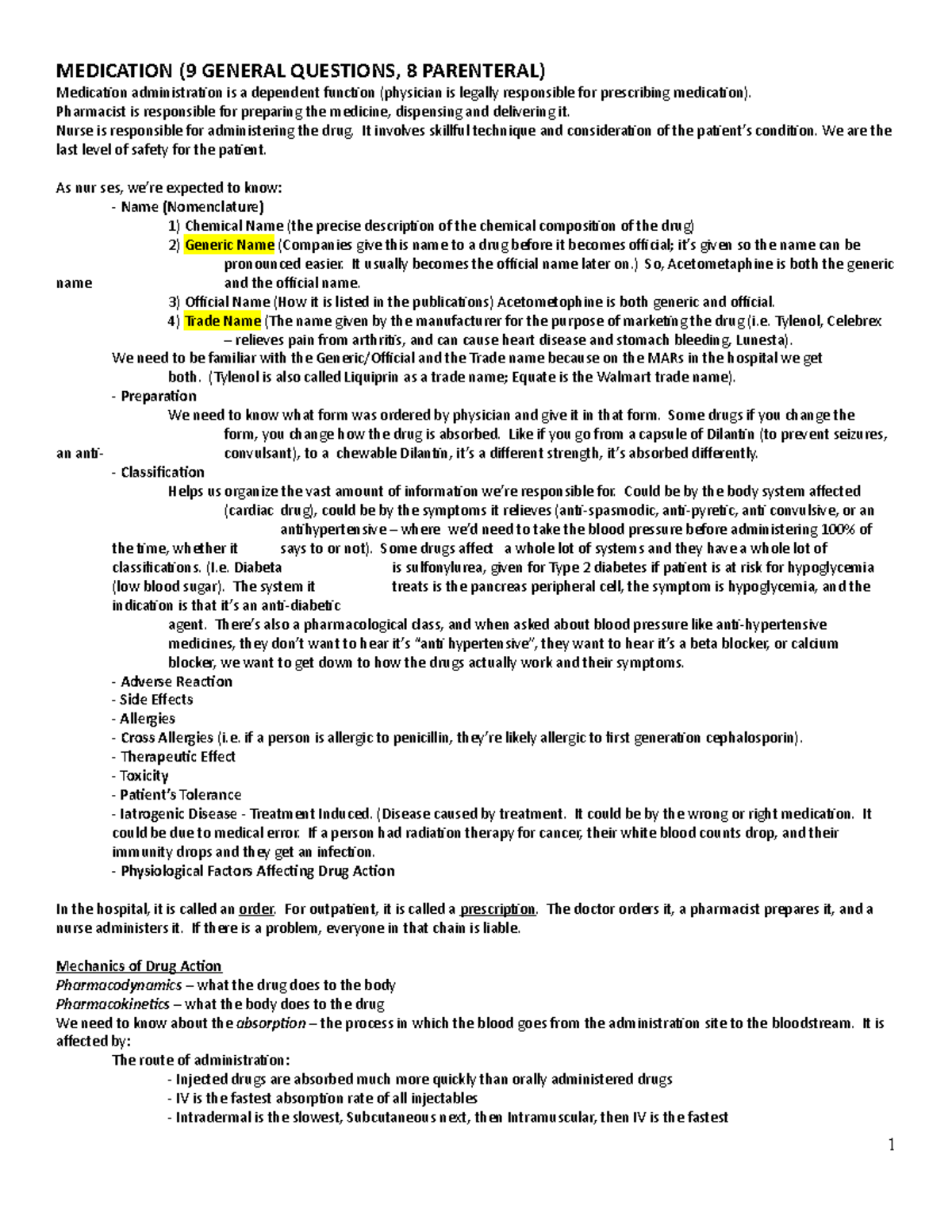 1 Medication - Lecture notes 4 - MEDICATION (9 GENERAL QUESTIONS, 8 ...