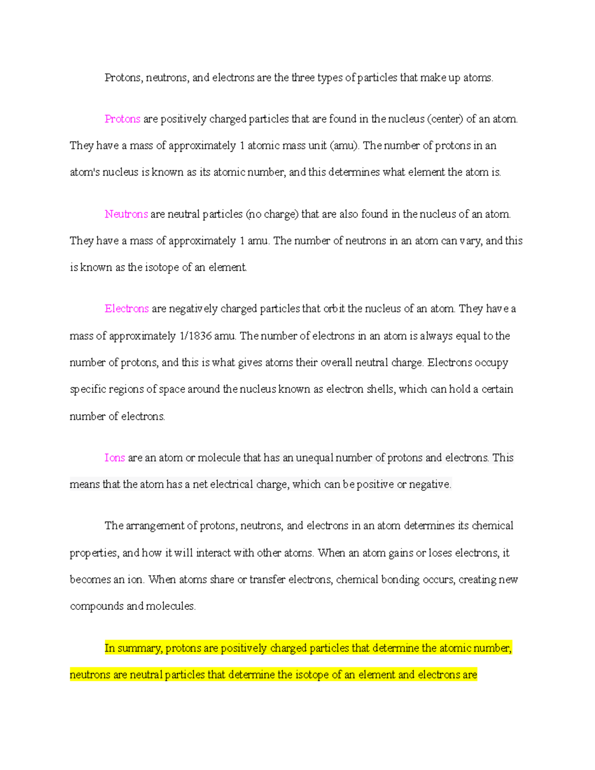 personal chemistry notes - Protons, neutrons, and electrons are the ...