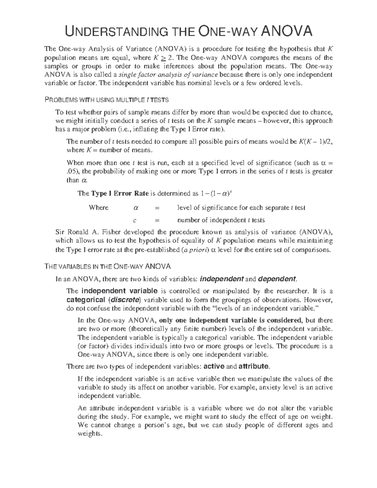 Understanding the One-way Anova - UNDERSTANDING THE ONE-WAY ANOVA The ...