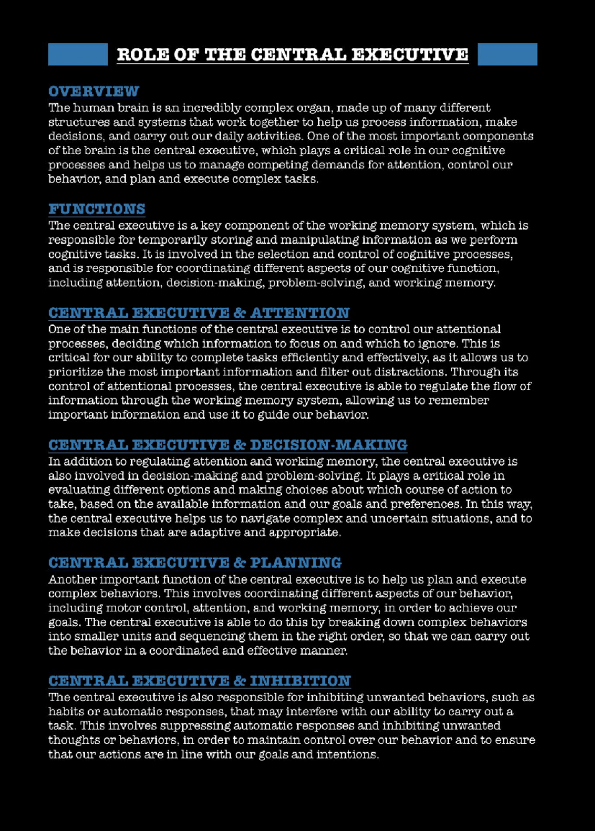 Summary: Role of the Central Executive - 8638 - Studocu