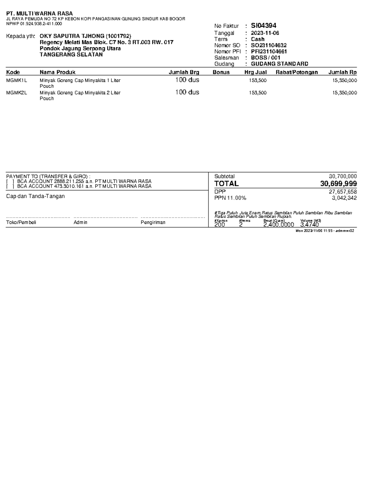 Sales Invoices-552 - OKE - PT. MULTI WARNA RASA JL RAYA PEMUDA NO 72 KP ...