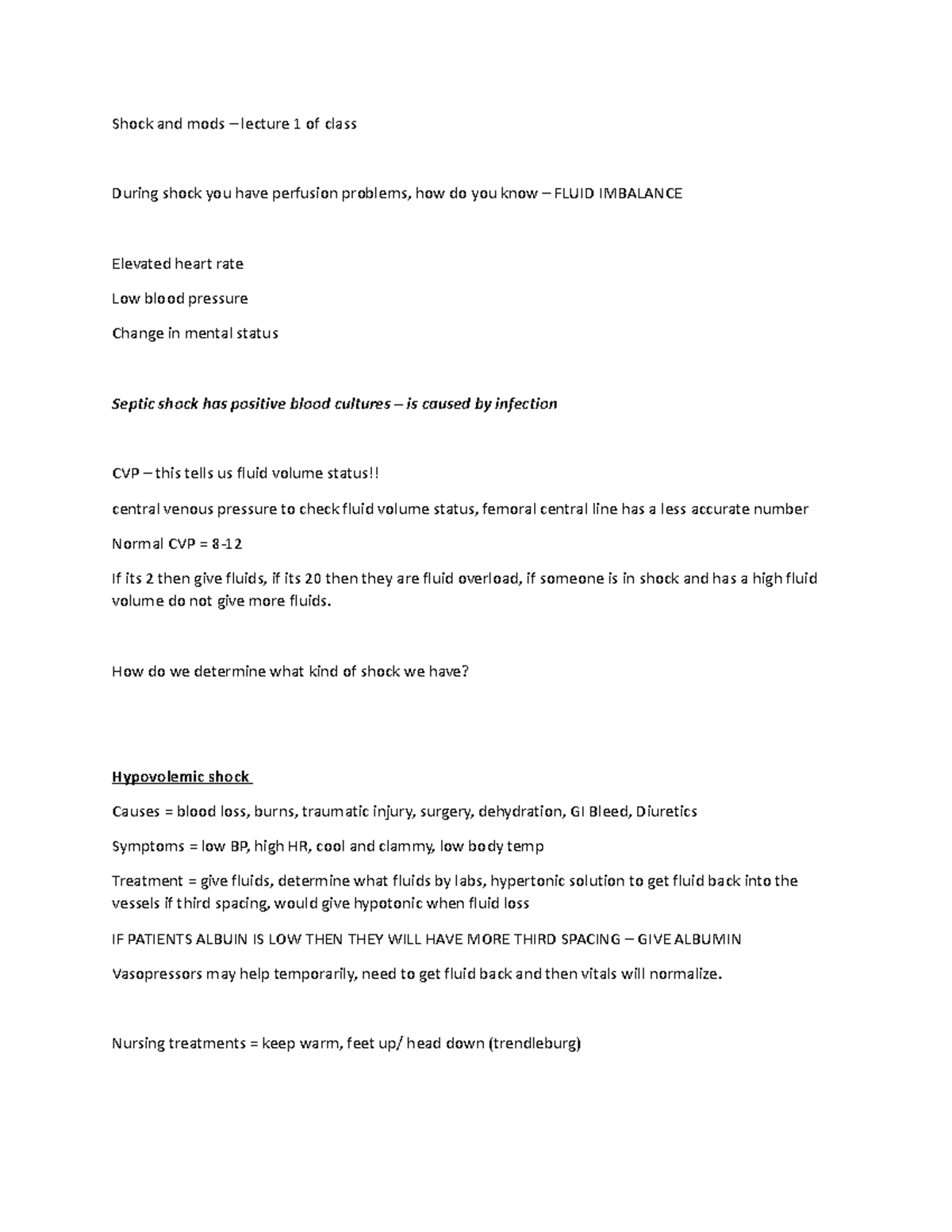 Lecture #1 - Shock and mods - Shock and mods – lecture 1 of class During shock you have ...