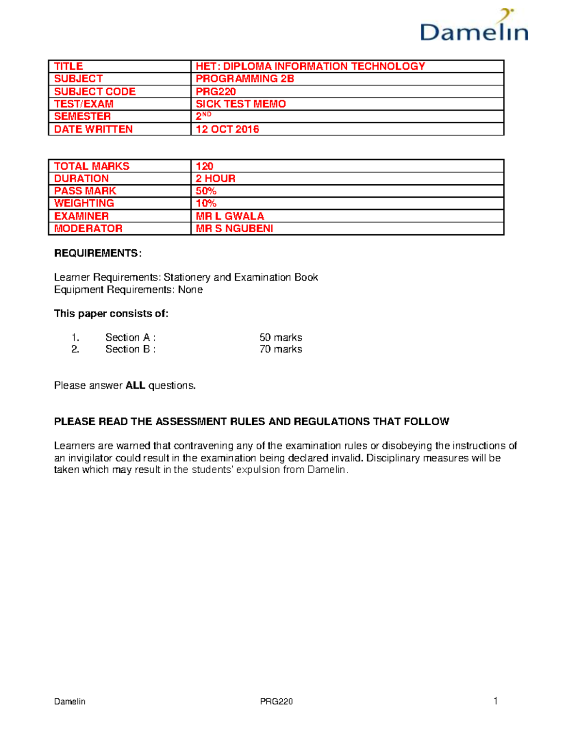 Programming 2B Sick Test Memo - TITLE HET: DIPLOMA INFORMATION ...