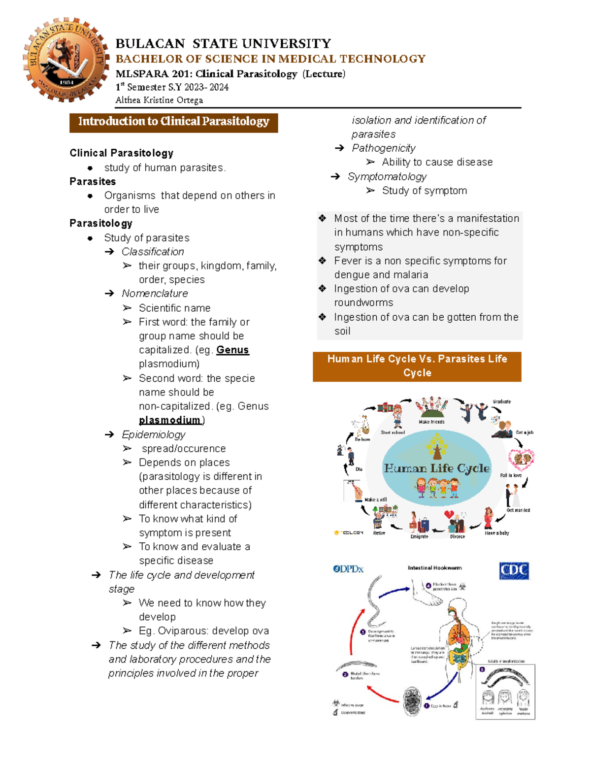 Clinical Parasitology Lect 1 - BULACAN STATE UNIVERSITY BACHELOR OF SCIENCE IN MEDICAL ...