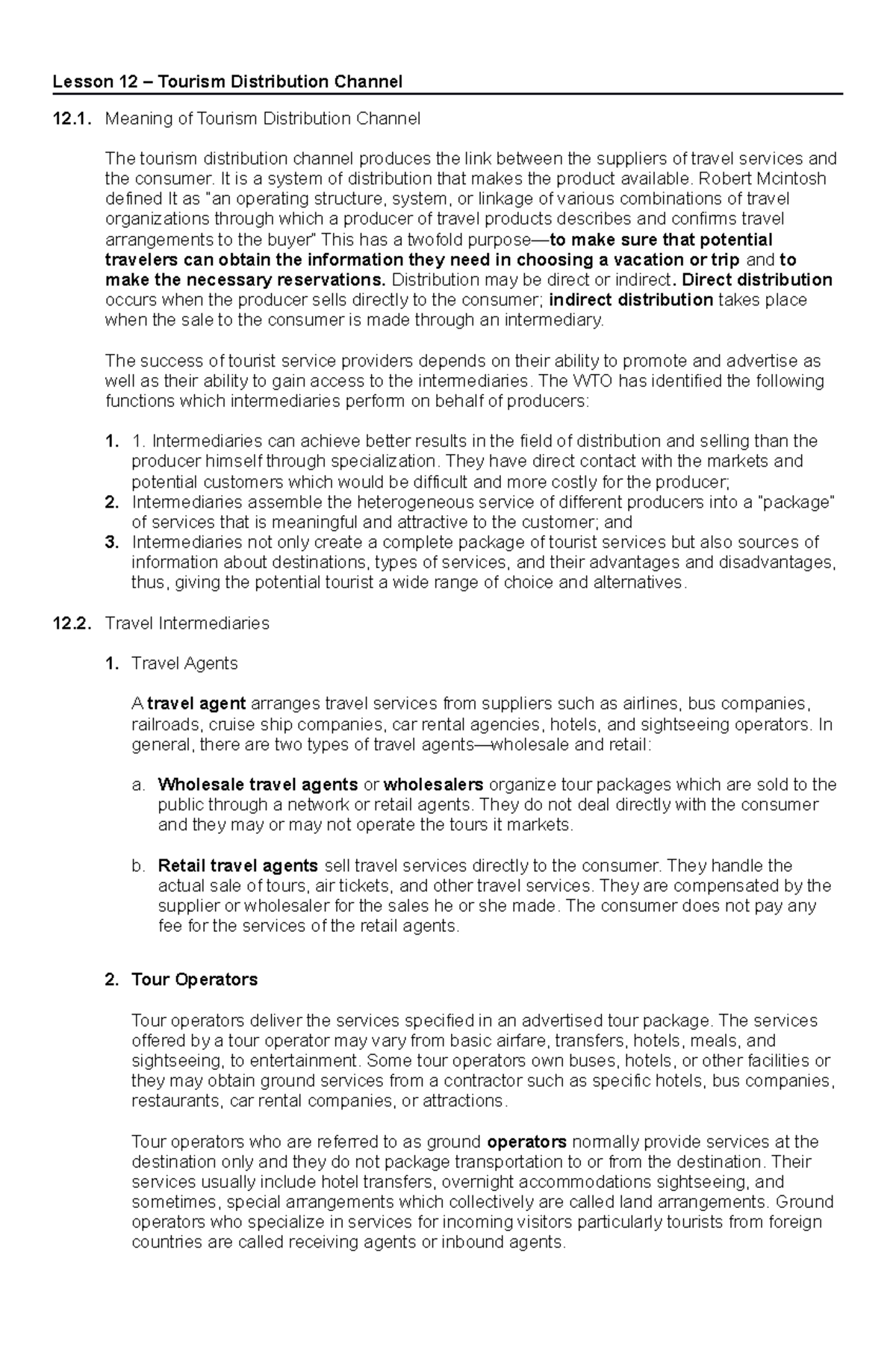 Lesson 12 - Tourism Distribution Channel - Lesson 12 – Tourism ...