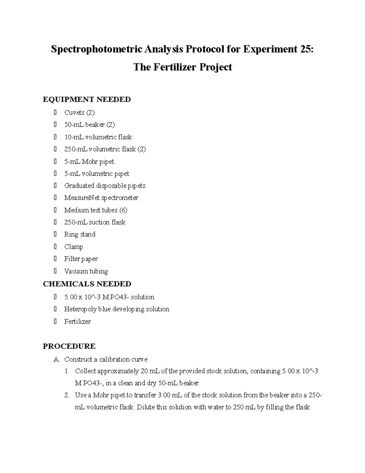 Fertilizer Project Protocol - Spectrophotometric Analysis Protocol for Experiment 25: The ...