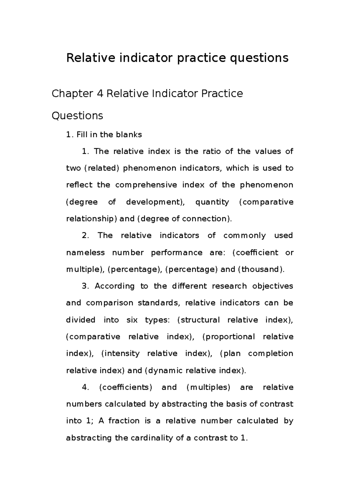 Chapter 4 Relative Indicator Practice Questions - Relative indicator practice questions Chapter ...