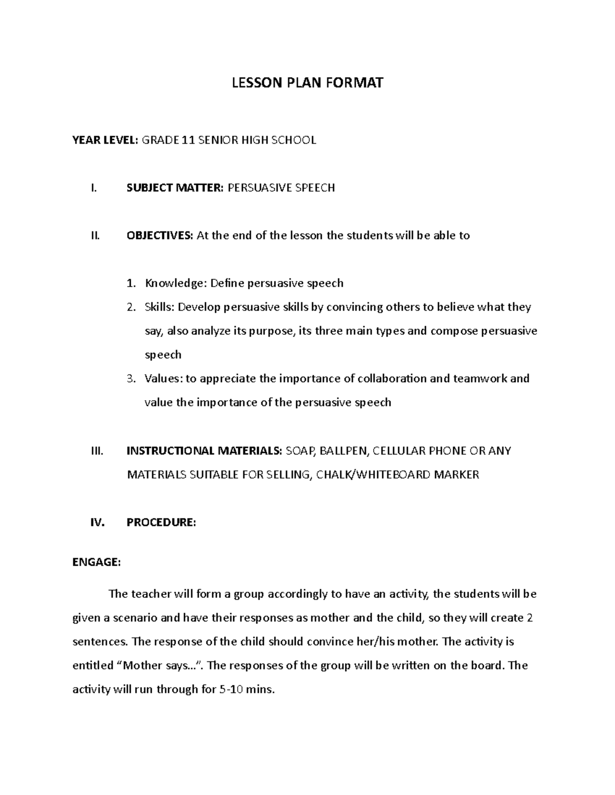 Lesson Plan Persuasive Speech - LESSON PLAN FORMAT YEAR LEVEL: GRADE 11 ...
