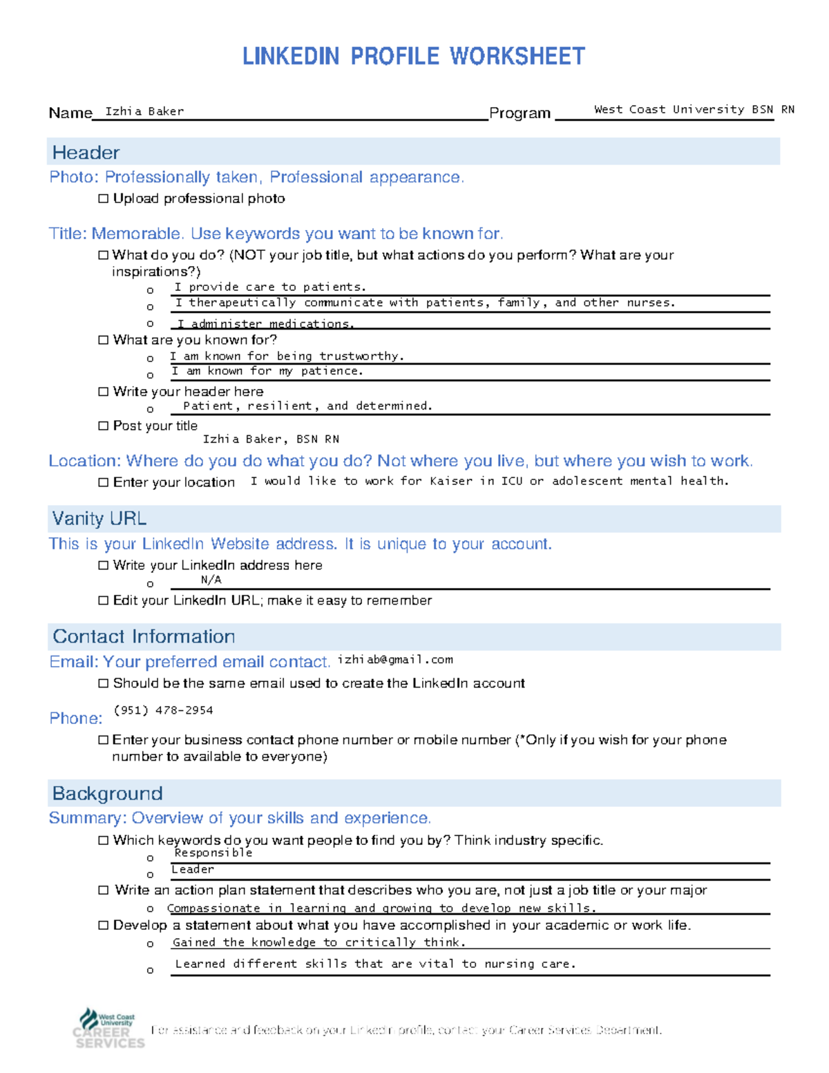 Linkedin+Profile+Worksheet - Name Program Photo: Professionally taken ...