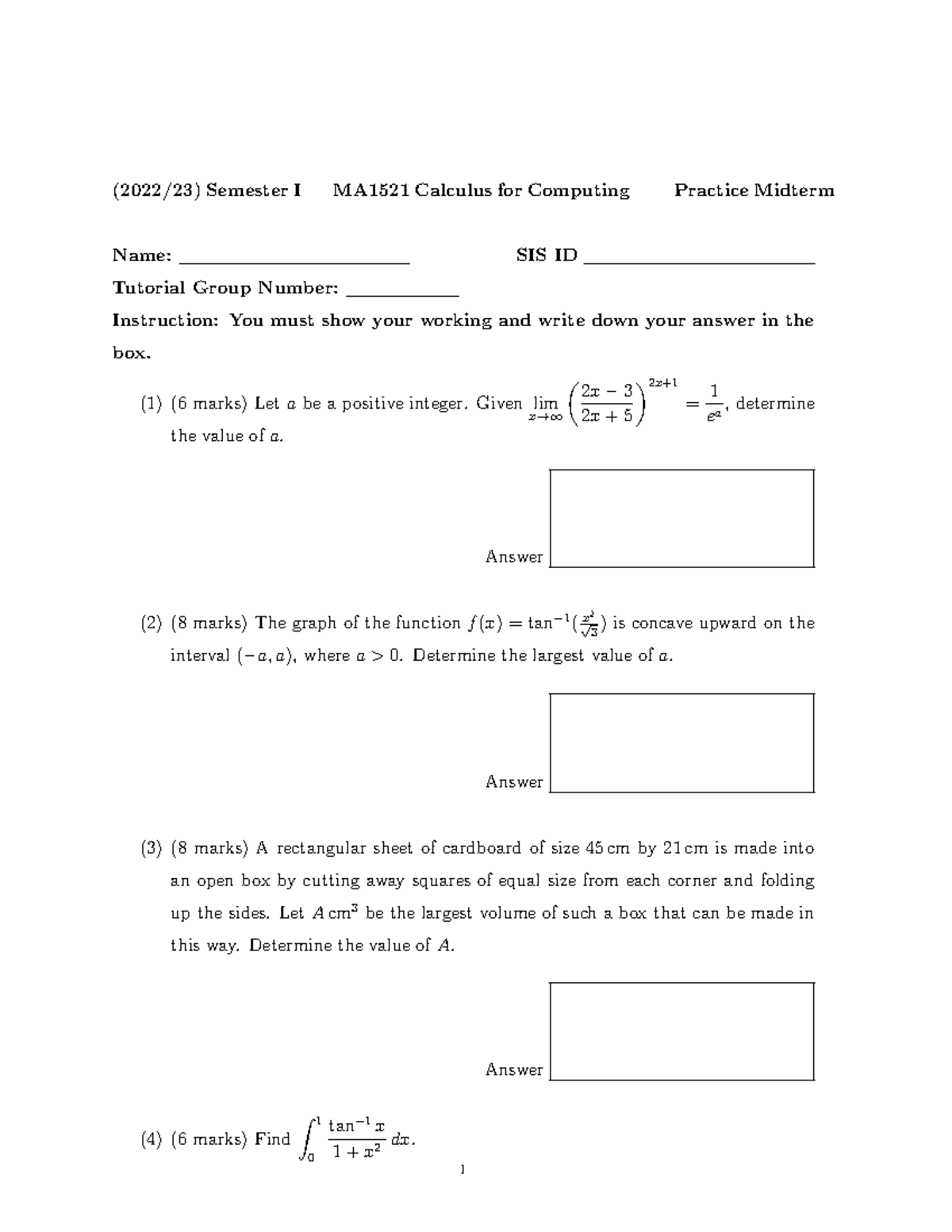 Practice mid-term-2 - (2022/23) Semester I MA1521 Calculus for Computing Practice Midterm Name ...