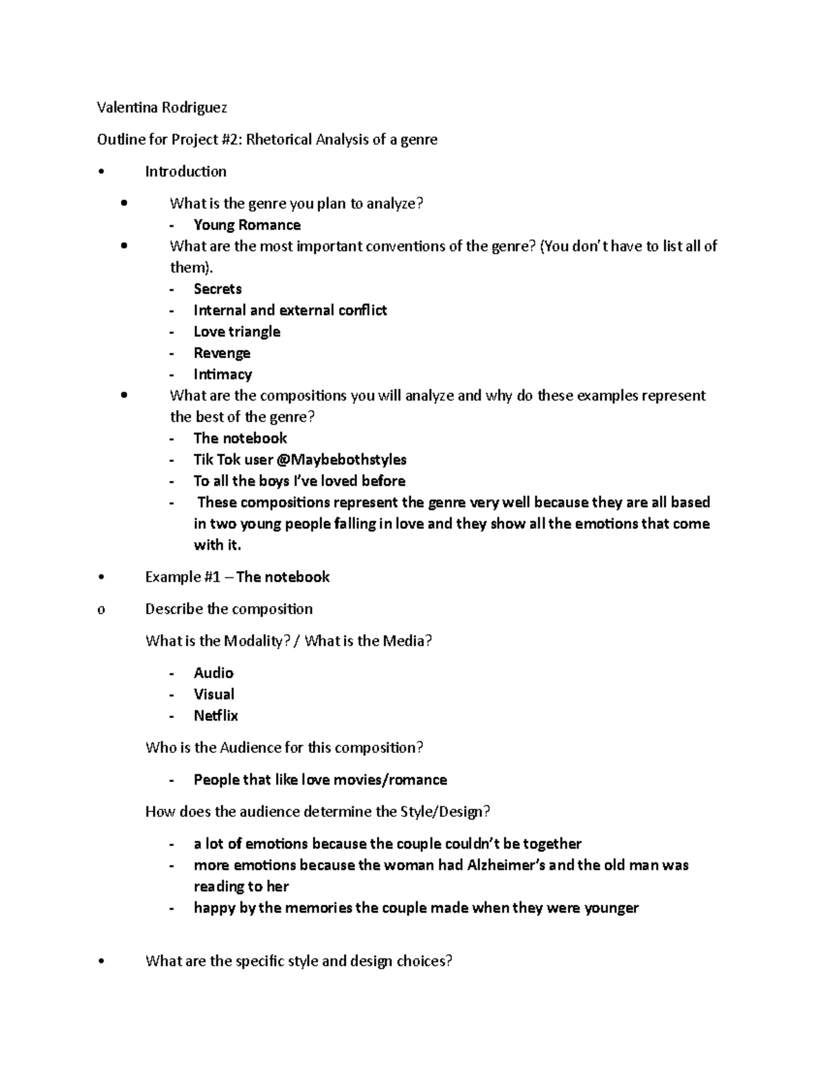 Genre analysis outline - Valentina Rodriguez Outline for Project #2 ...