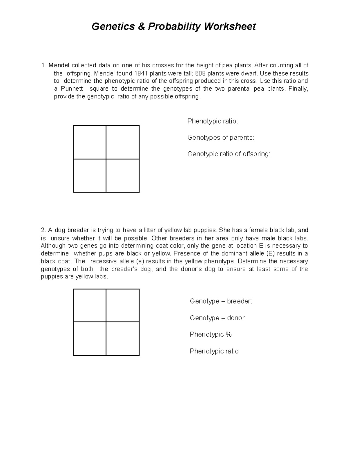 Genetics and probability worksheet - Genetics & Probability Worksheet 1 ...