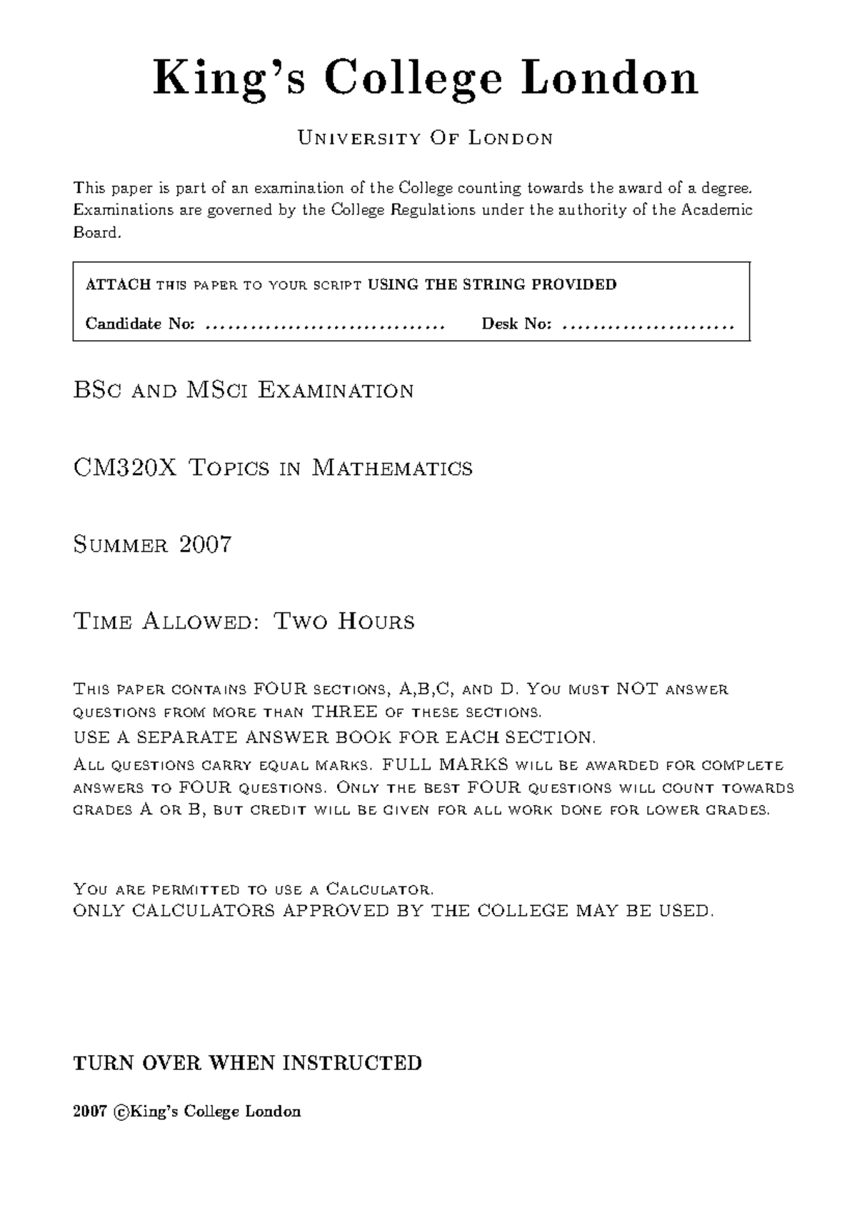 Exam 2007 Questions - King’s College London University Of London This ...