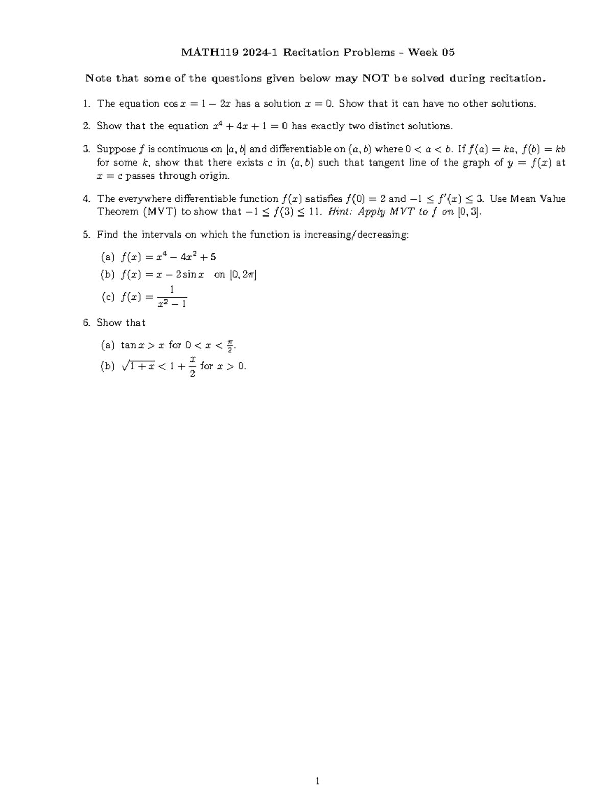 MATH119 Fall 2024 Recitation 5 - MATH119 2024-1 Recitation Problems - Week 05 Note that some of ...