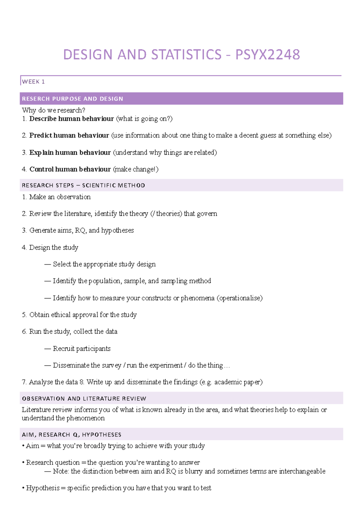 Designstat Design And Statistics Lecture Notes Design And Statistics Psyx Week 1 Reserch